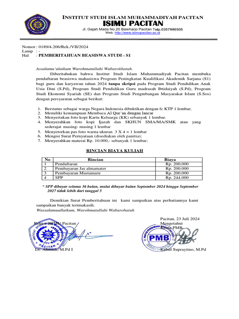 Beasiswa S1 di ISIMU Pacitan 2024 | PDF