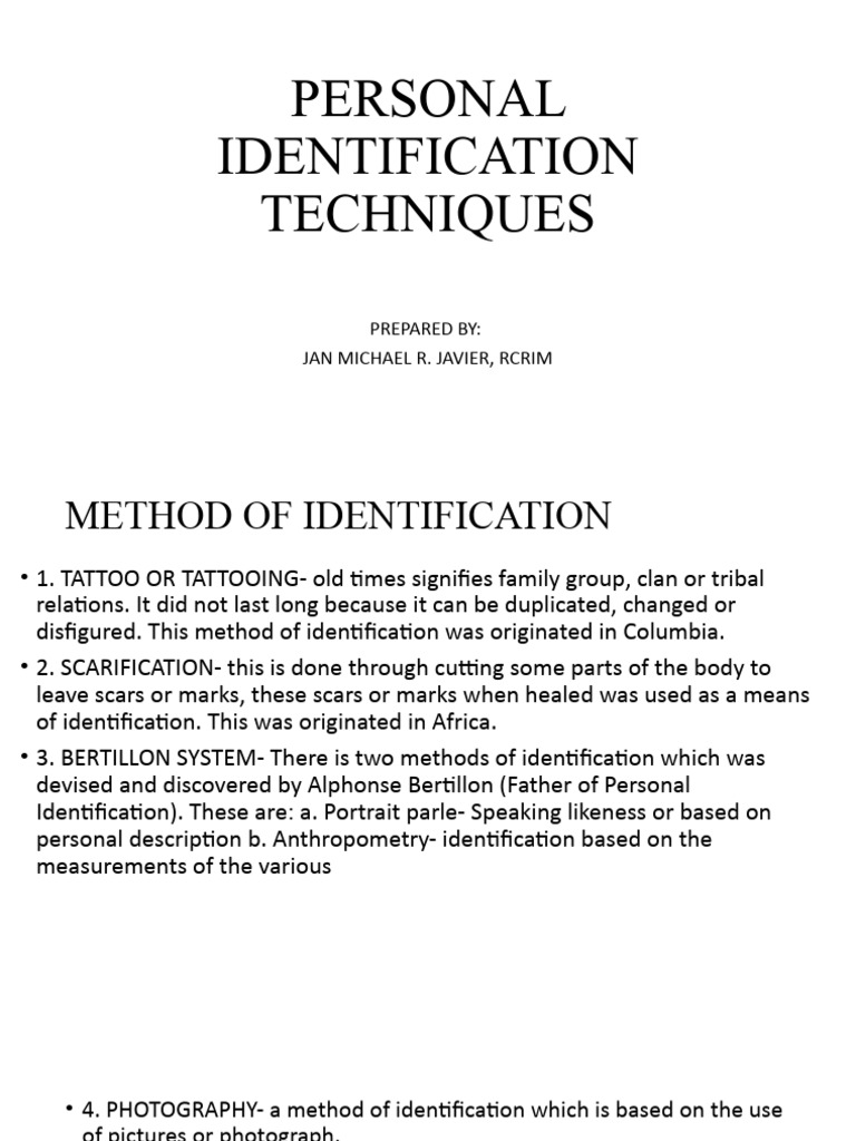 Personal Identification Techniques Lecture | PDF | Fingerprint | Skin