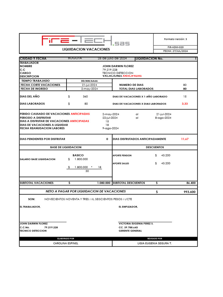 Liquidaciones Vacaciones John Florez 22 de Julio | PDF