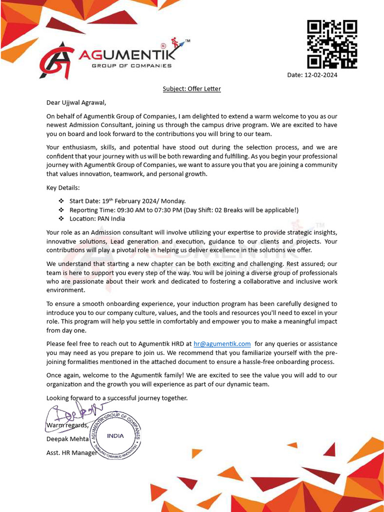 Offer Letter@ Admission Consultant | PDF | Consultant | Conflict Of ...