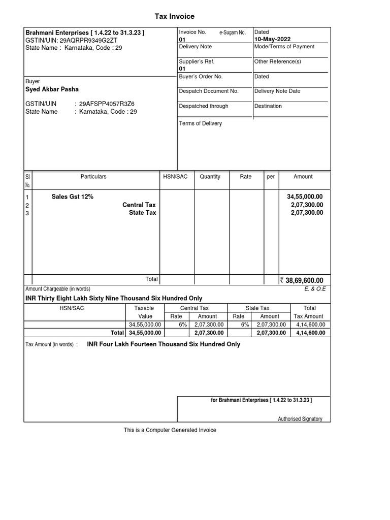 Tax Invoice: GSTIN/UIN: 29AQRPR9349G2ZT State Name: Karnataka, Code: 29 ...