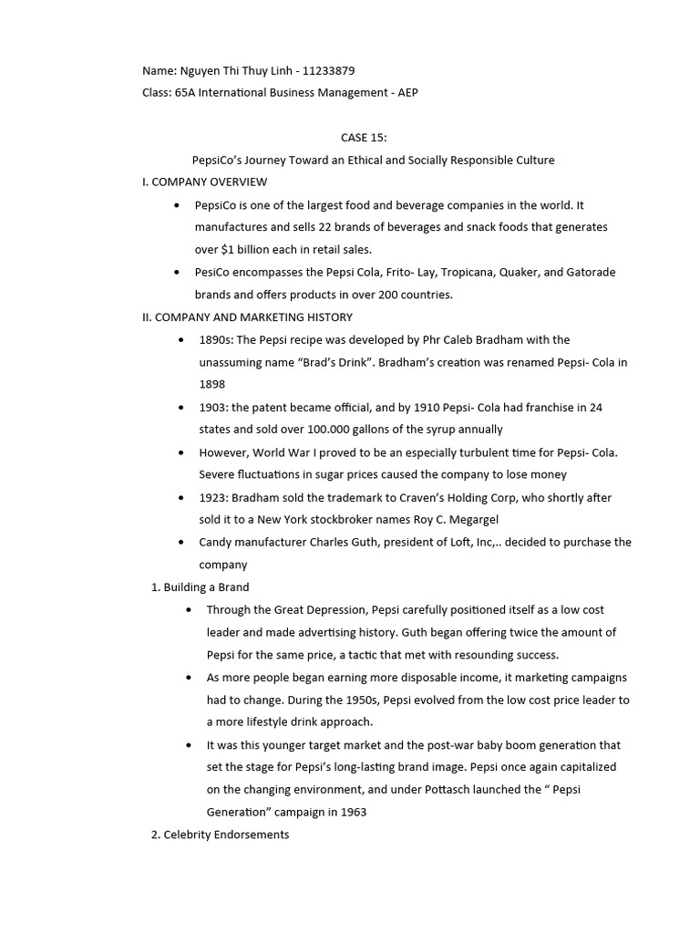 PepsiCo's Ethical Business Journey | PDF | Pepsi Co | Drink