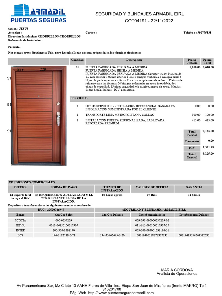 Cotizacion - Armadil - 18716 JESUS PTA PERUANA A MEDIDA | PDF