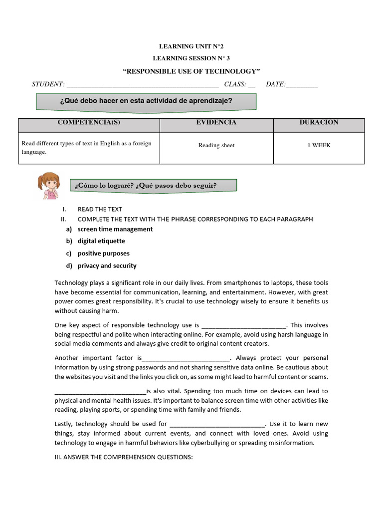 Responsible Use of Technology Worksheet | PDF | Learning | Social Media