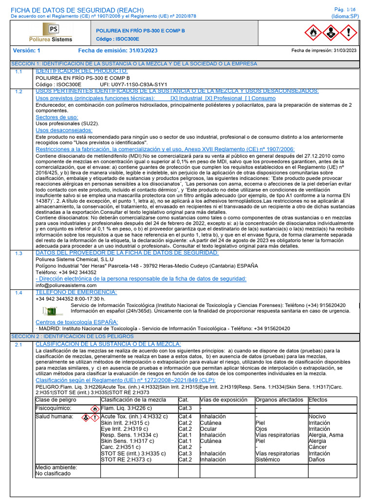 FDS. POLIUREA FRÍA PS-300.E COMPONENTE A (Español) | PDF | Alergia | Toxicología