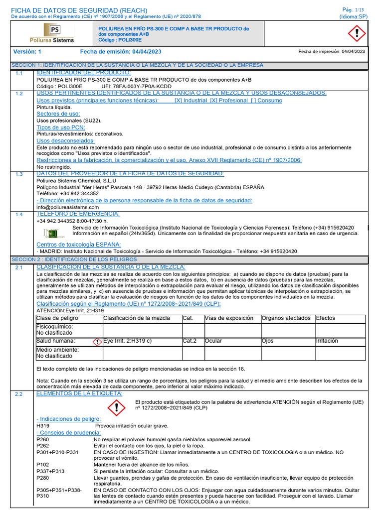 FDS. POLIUREA FRÍA PS-300.E COMPONENTE B (Español) | PDF | Toxicología | Agua