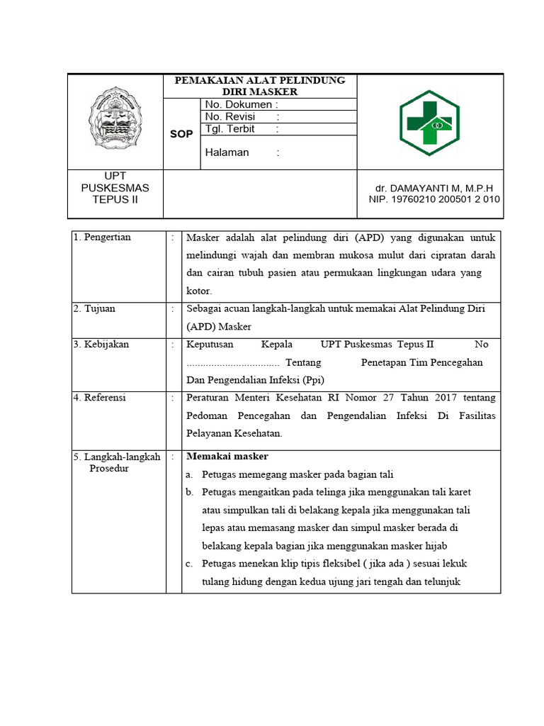 SOP Pemakaian Alat Pelindung Diri Masker | PDF
