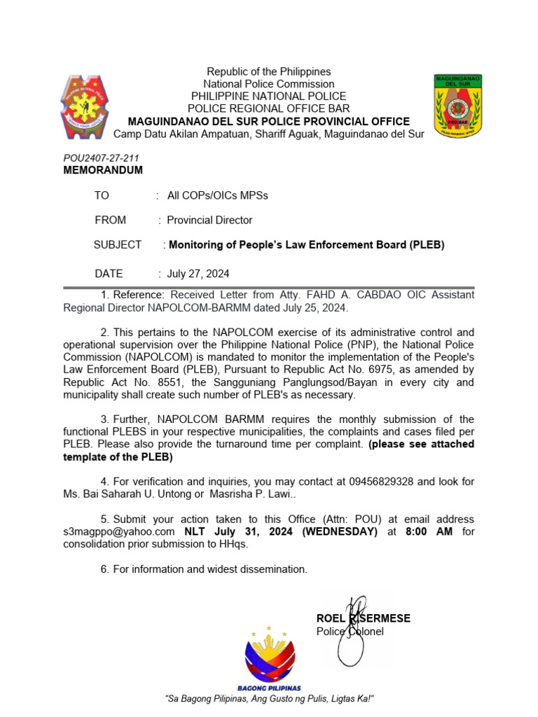 July 2024 PLEB Monitoring Memo | PDF | Law Enforcement | Crime & Violence