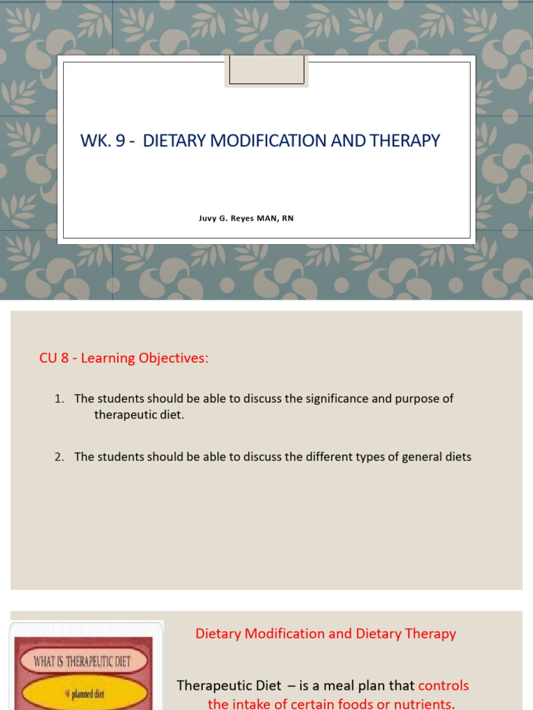 Wk. 9 Dietary and Modification Therapy Student | PDF | Dieting ...