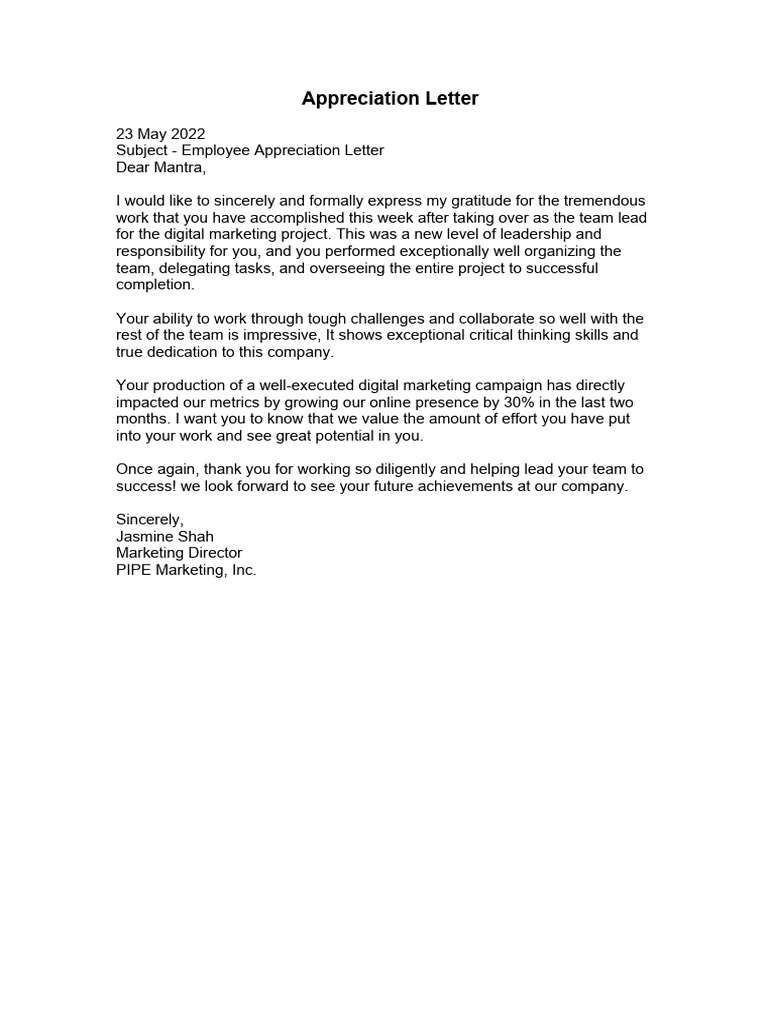 Appreciation Letter Format - 1 | PDF | Business