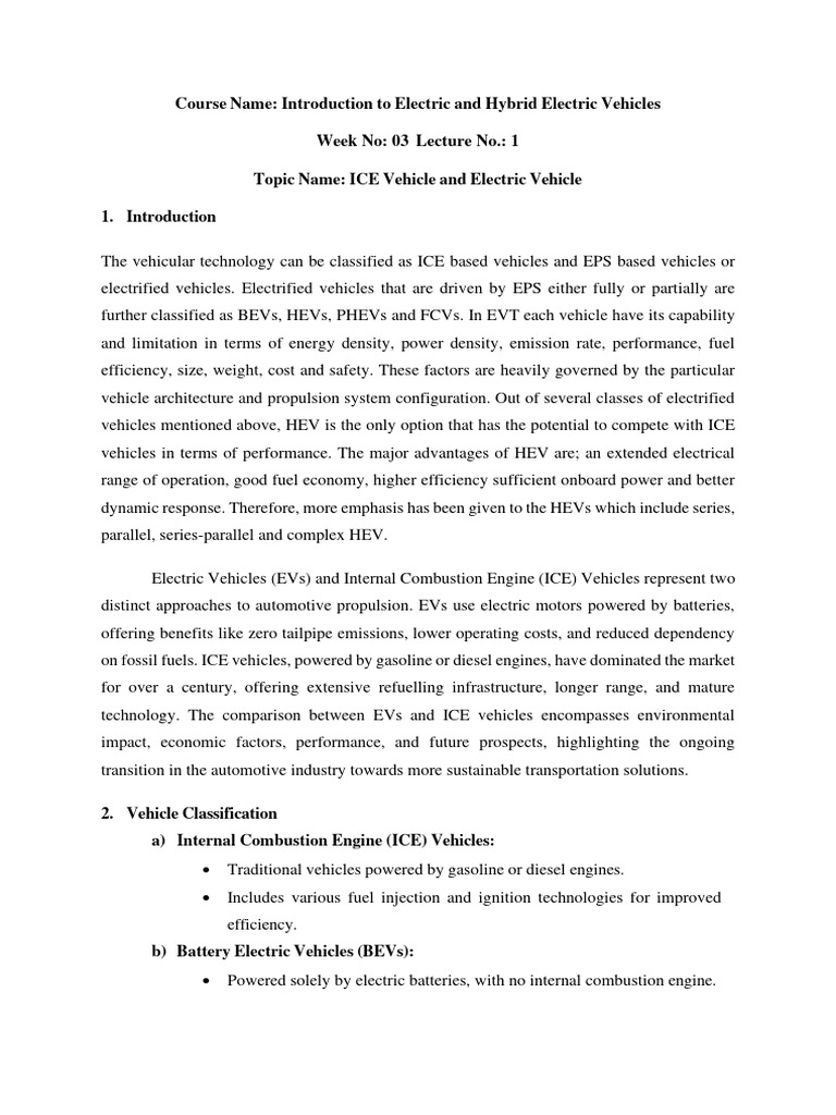 W3 - L1 ICE Vehicle and Electric Vehicle | PDF | Electric Vehicle | Engines