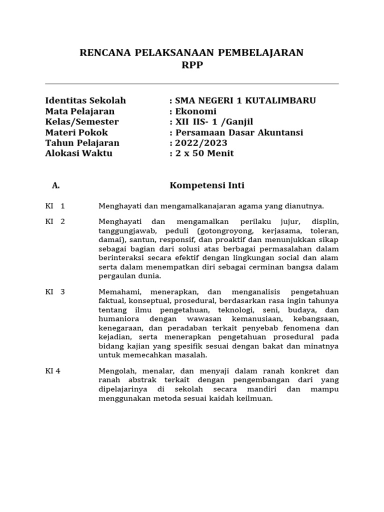Rencana Pelaksanaan Pembelajaran RPP | PDF