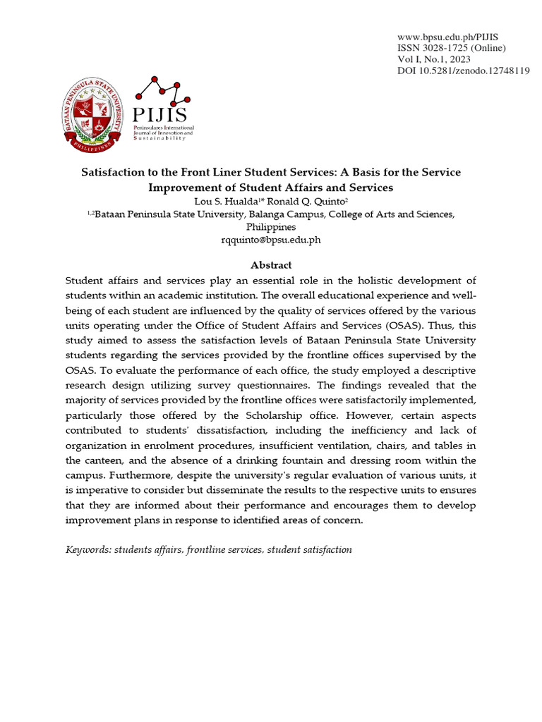 Satisfaction To The Front Liner Student Services: A Basis For The ...