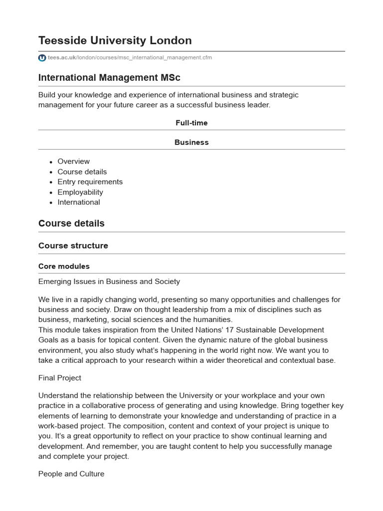 International Management (London) MSC Course - Teesside University ...