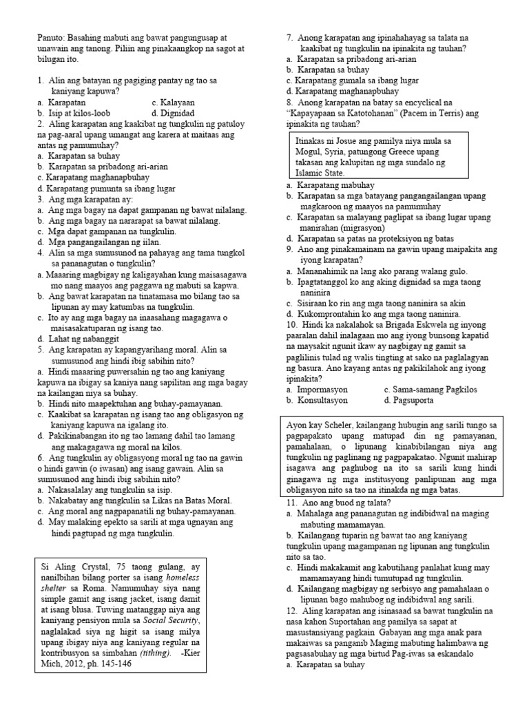 2nd Grading Grade 9 ESP Exam | PDF