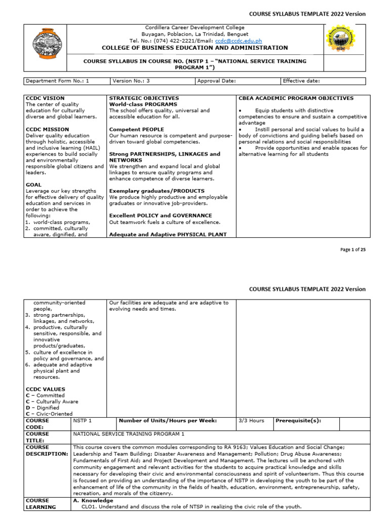 NSTP 1 Course Syllabus 2022 Template | PDF | Leadership | First Aid