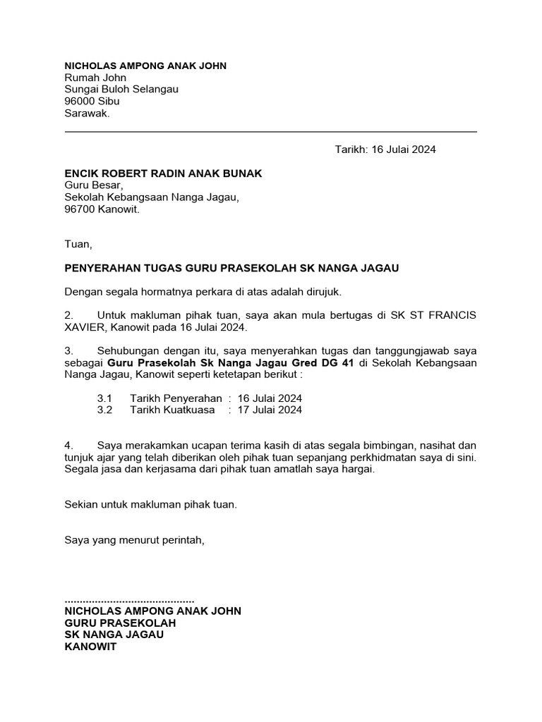 Contoh Nota Serah Tugas 2 | PDF