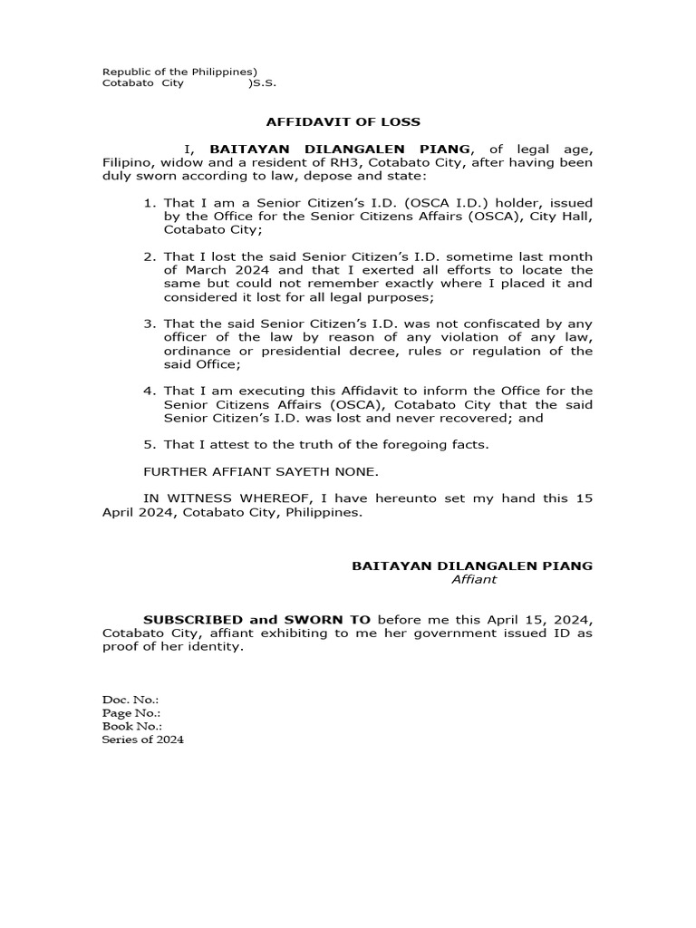 Affidavit of Loss - Senior Citizen Id | PDF