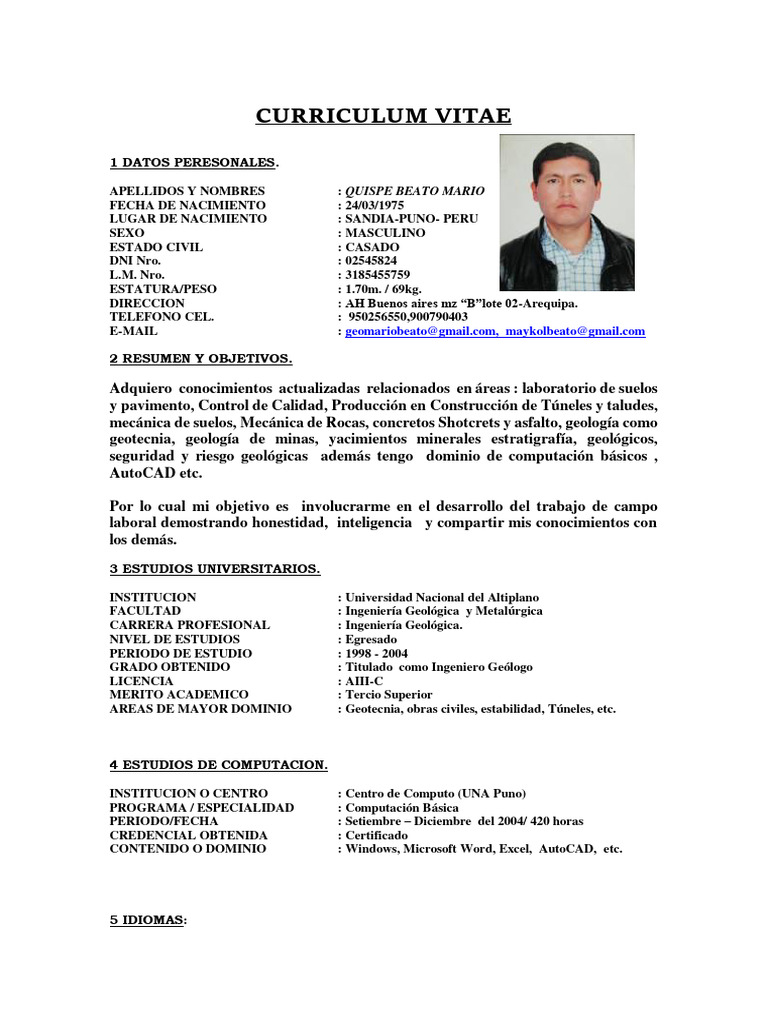 Mario Quispe Beato C.V. Osp | PDF | Ingeniería