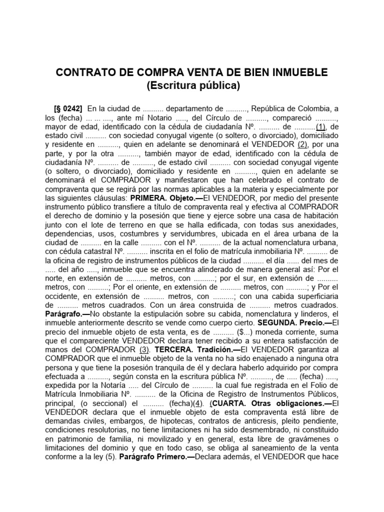 CONTRATO DE COMPRA VENTA DE BIEN INMUEBLE (Escritura Pública) | PDF | Derecho privado | Derecho ...