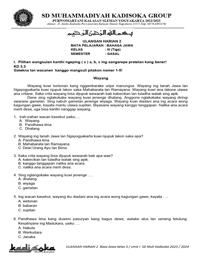UH 2 Kelas 3 B Jawa Semester 1 | PDF
