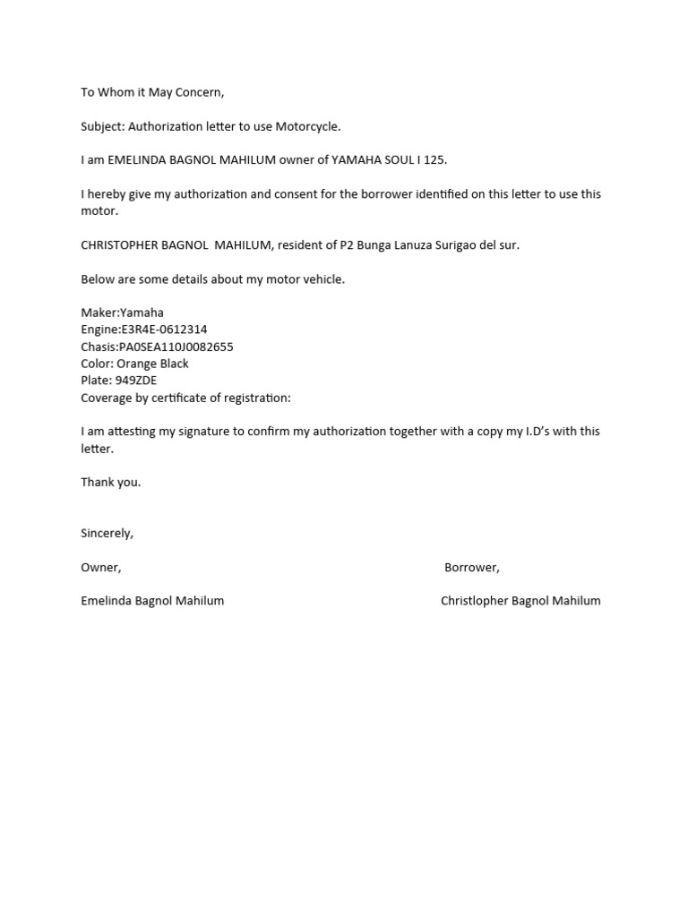 Motorcycle Authorization Letter Template | PDF