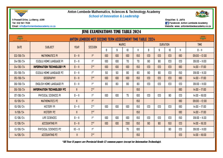 2024 Anton Lembede Exam Schedule | PDF | Science