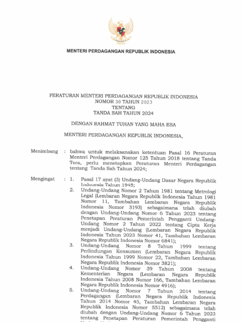 Salinan - Permendag Nomor 30 Tahun 2023 Tentang Tanda Sah Tahun 2024 | PDF