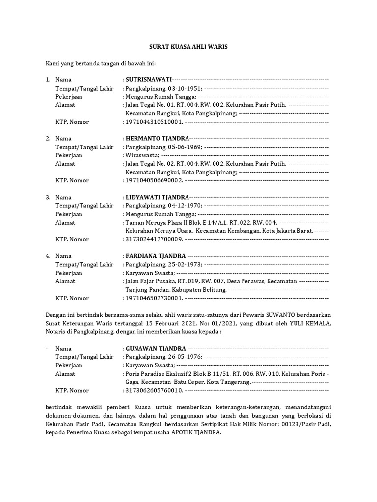 Surat Kuasa Ahli Waris AW SUWANTO | PDF