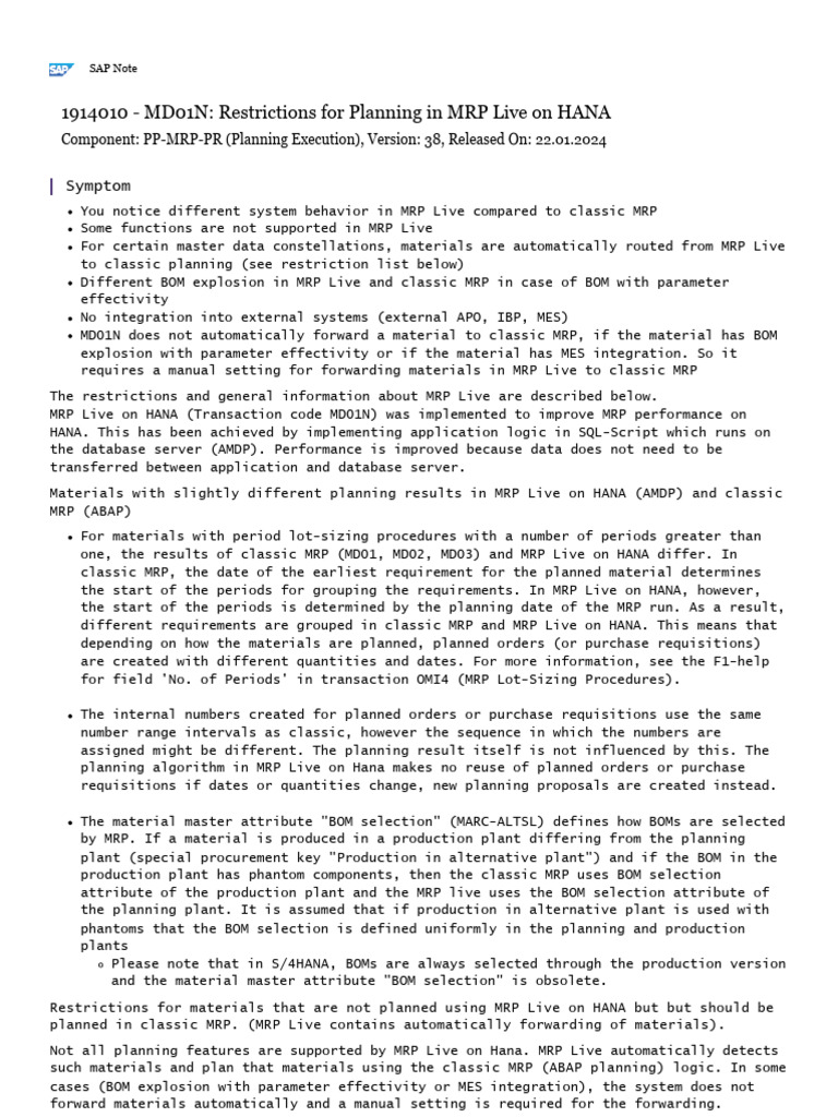 E - 20240223 - MD01N - Restrictions For Planning in MRP Live On HANA ...