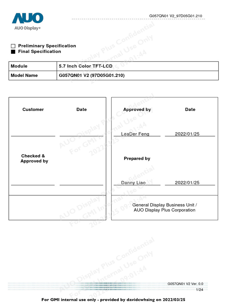 GD PSpec G057QN01.2 GMI | PDF | Liquid Crystal Display | Rgb Color Model