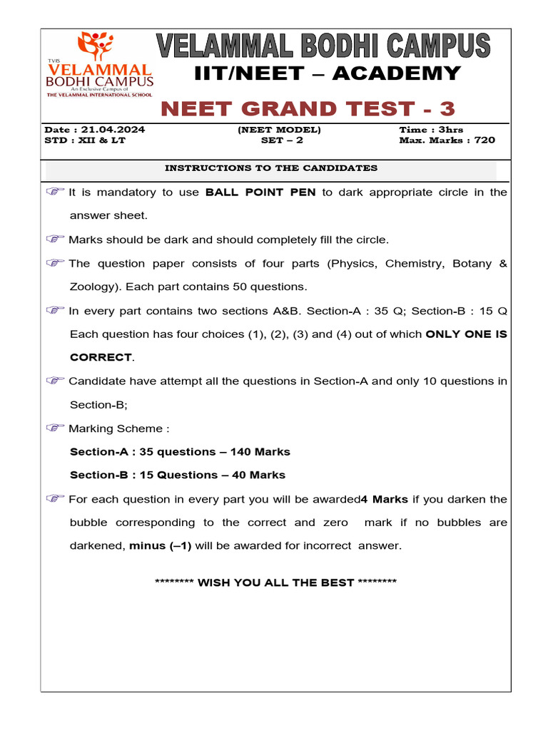 LT - & Xii - Neet - GT - 3 (Set - 2) QP - 21.04.2024 | PDF | Science & Mathematics