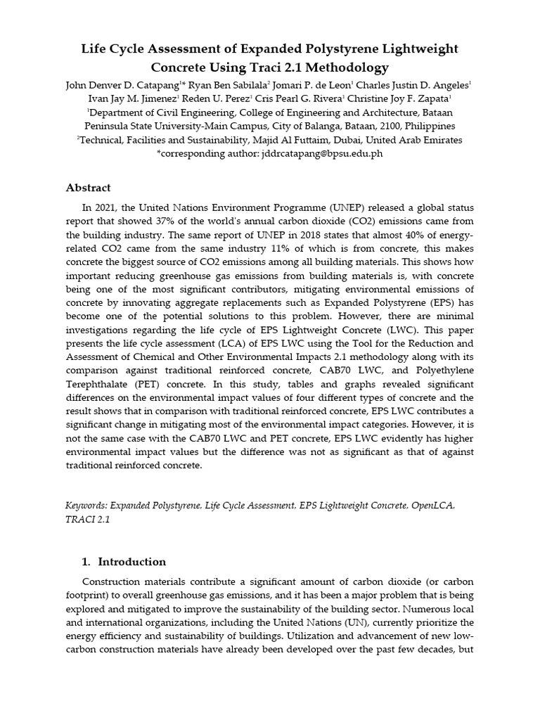 Life Cycle Assessment of Expanded Polystyrene Lightweight Concrete Using Traci 2.1 Methodology ...