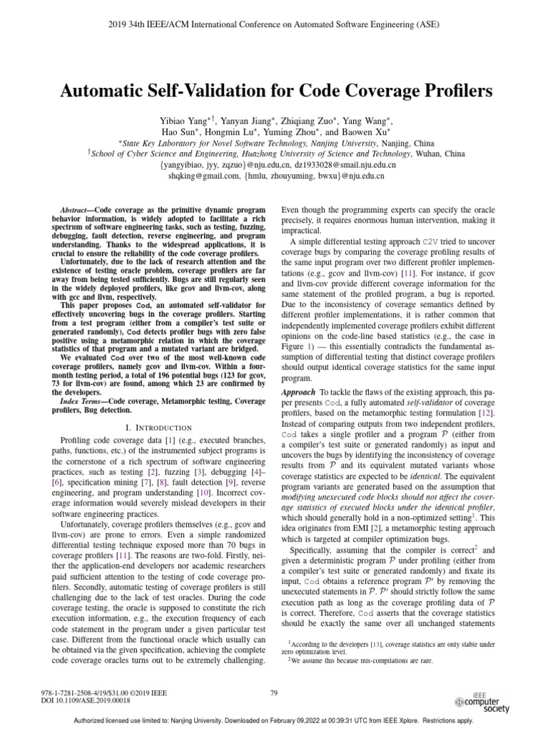 (2019-ASE) Automatic Self-Validation For Code Coverage Profilers | PDF | Software Bug | Source Code
