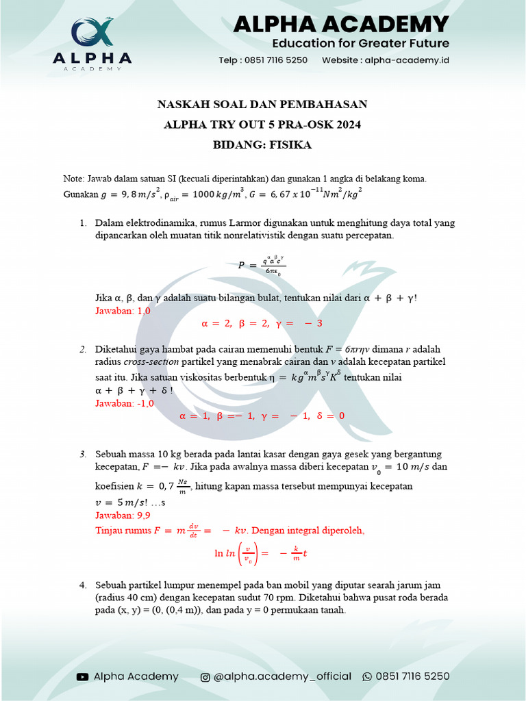 Soal Dan Pembahasan TO 5 OSN-K Alpha Academy 2024 FISIKA | PDF | Metode ...