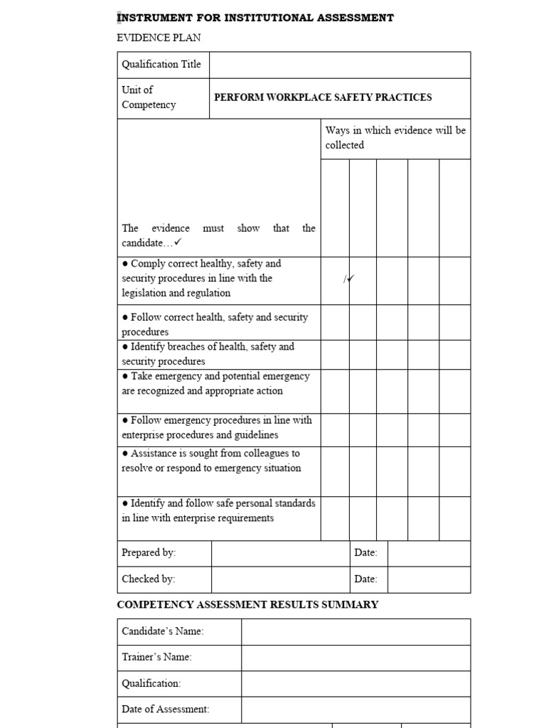 INSTRUMENT FOR INSTITUTIONAL ASSESSMENT - Perform Workplace and Safety ...