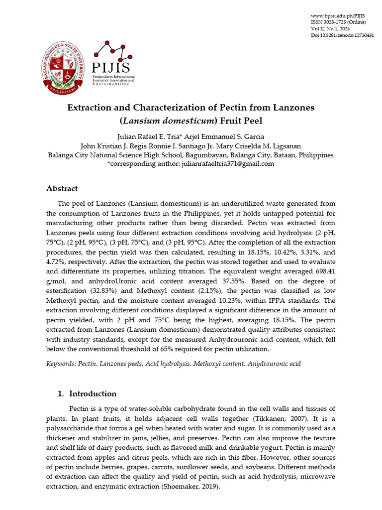 Extraction and Characterization of Pectin From Lanzones (Lansium ...