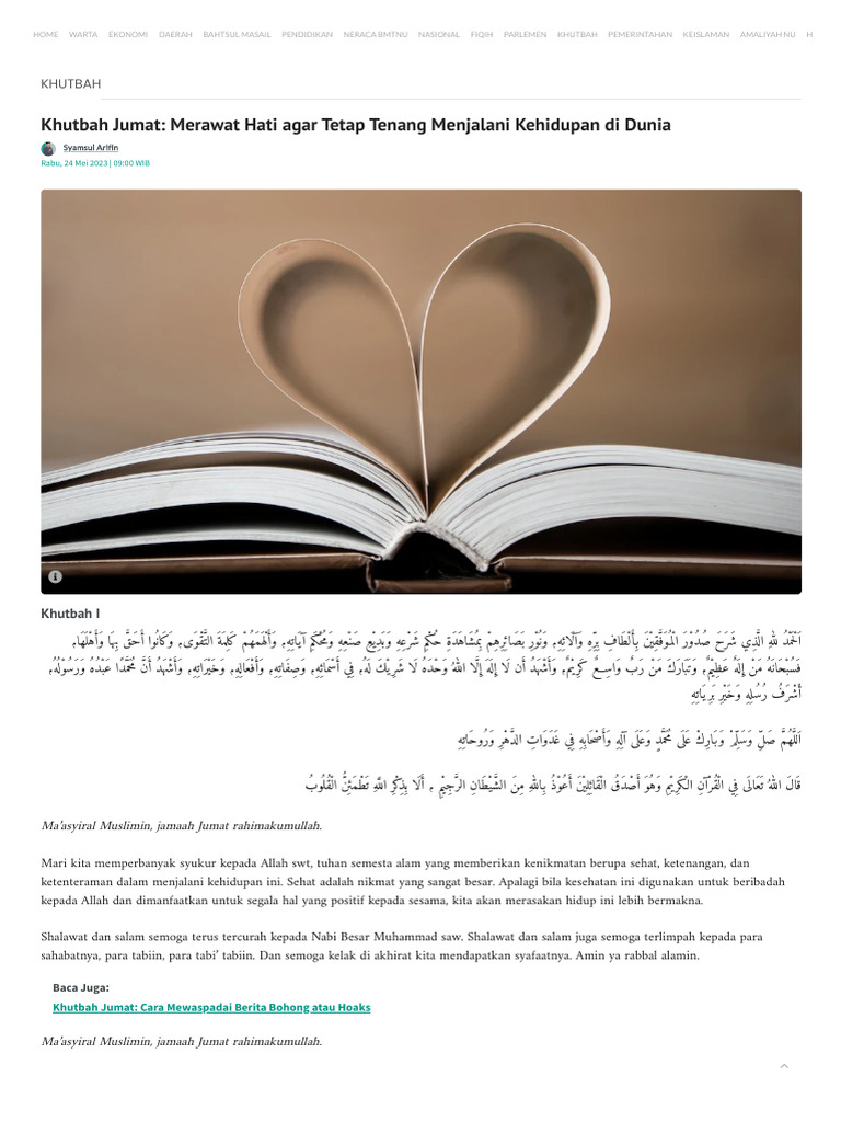 Khutbah Jumat - Merawat Hati Agar Tetap Tenang Menjalani Kehidupan Di Dunia - NU Online Jombang ...