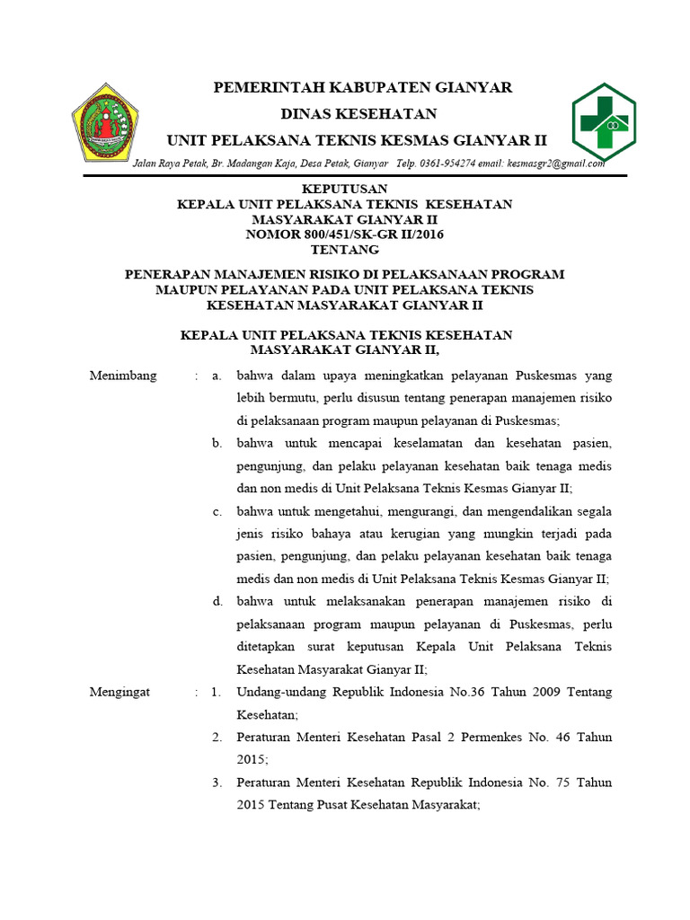 SK Kepala Puskesmas Tentang Penerapan Manajemen Risiko Dalam Pelaksanaan Program Maupun ...