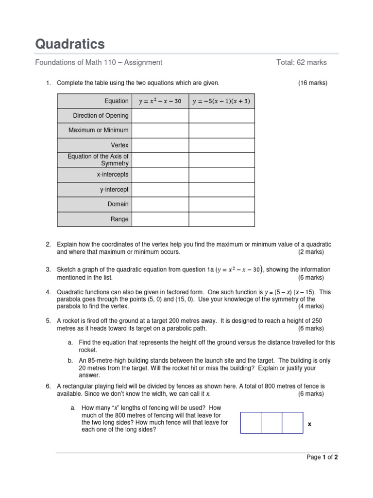 M4 Quadratics Assignment | PDF | Mathematical Concepts