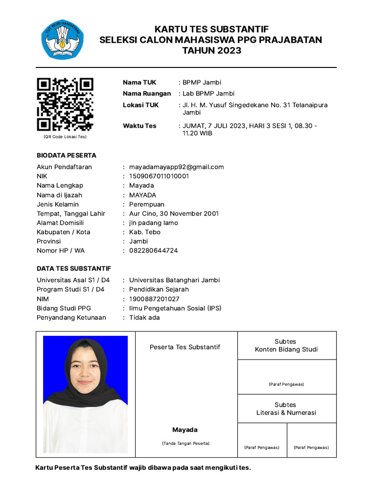 Kartu Tes Substantif Mayada 2307011005 | PDF