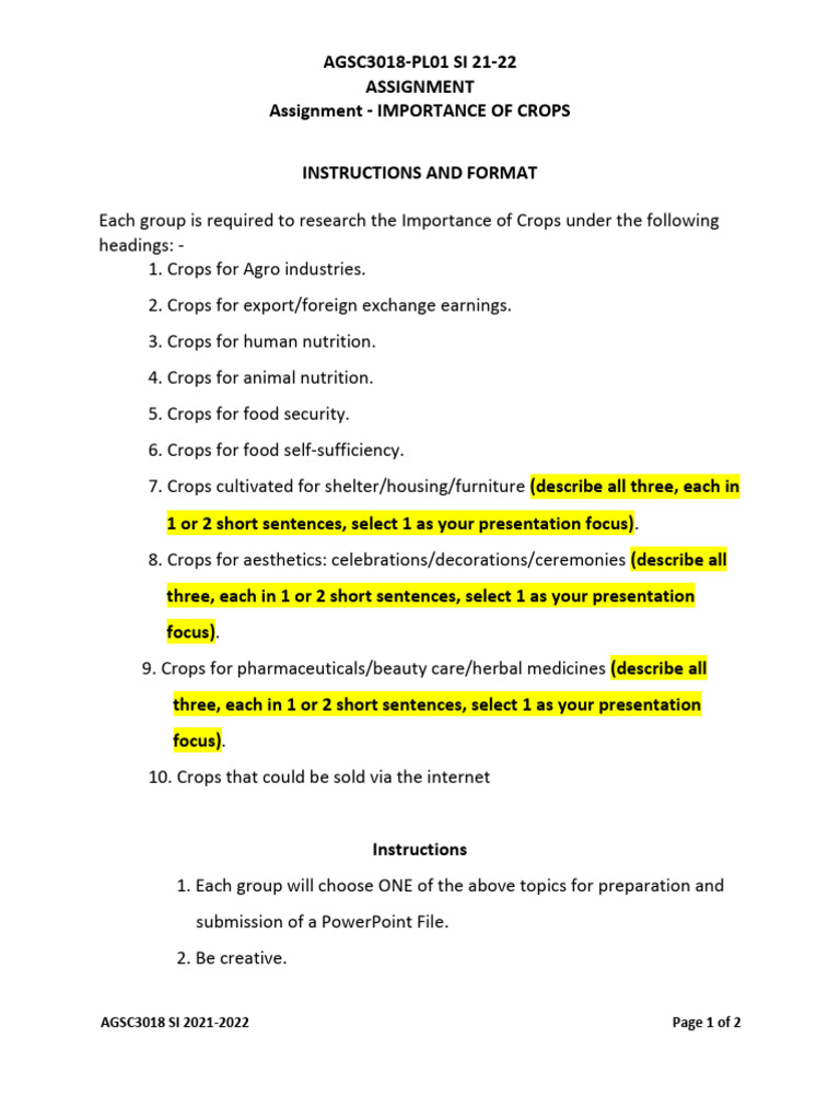 AGSC3018-PL01 Importance of Crops Assignment Instructions and Format | PDF | Microsoft Power Point