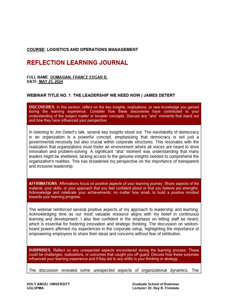 HAU Reflection Learning Journal - France Edgar Domasian | PDF | Knowledge | Learning
