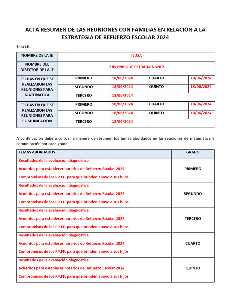 MODELO - Formato para Acta de Reuniones Informativas Con Familias Sobre RE | PDF