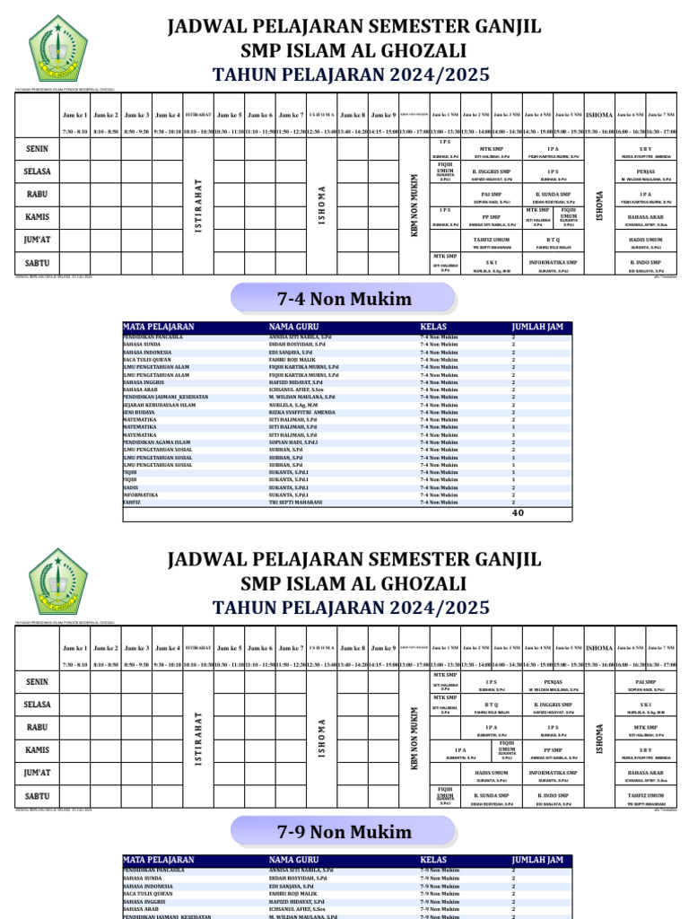 Jadwal Pelajaran SMP Non Mukim | PDF