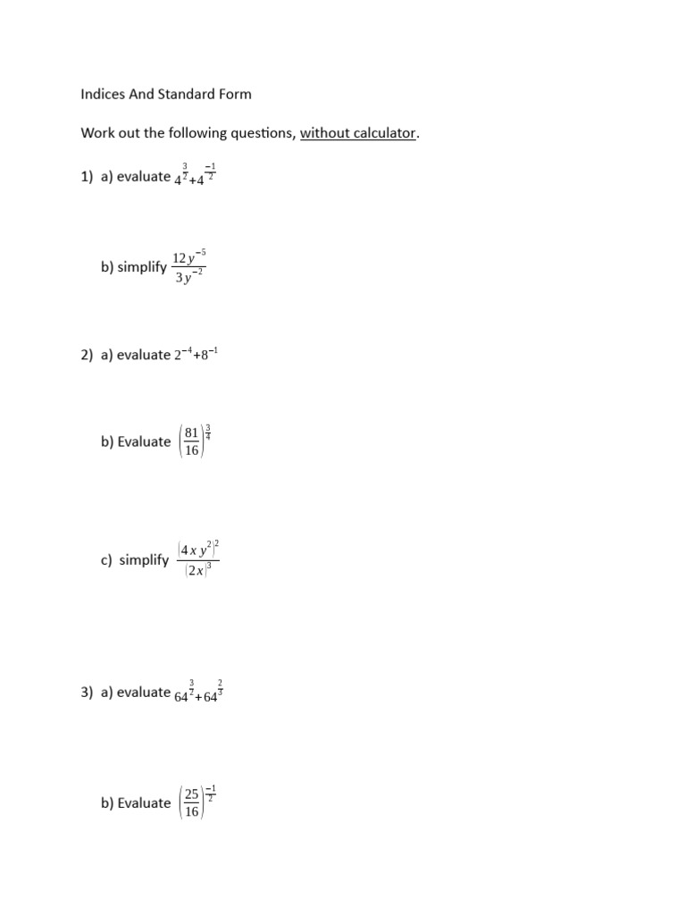 Indices and Standard Form - Assignment | PDF