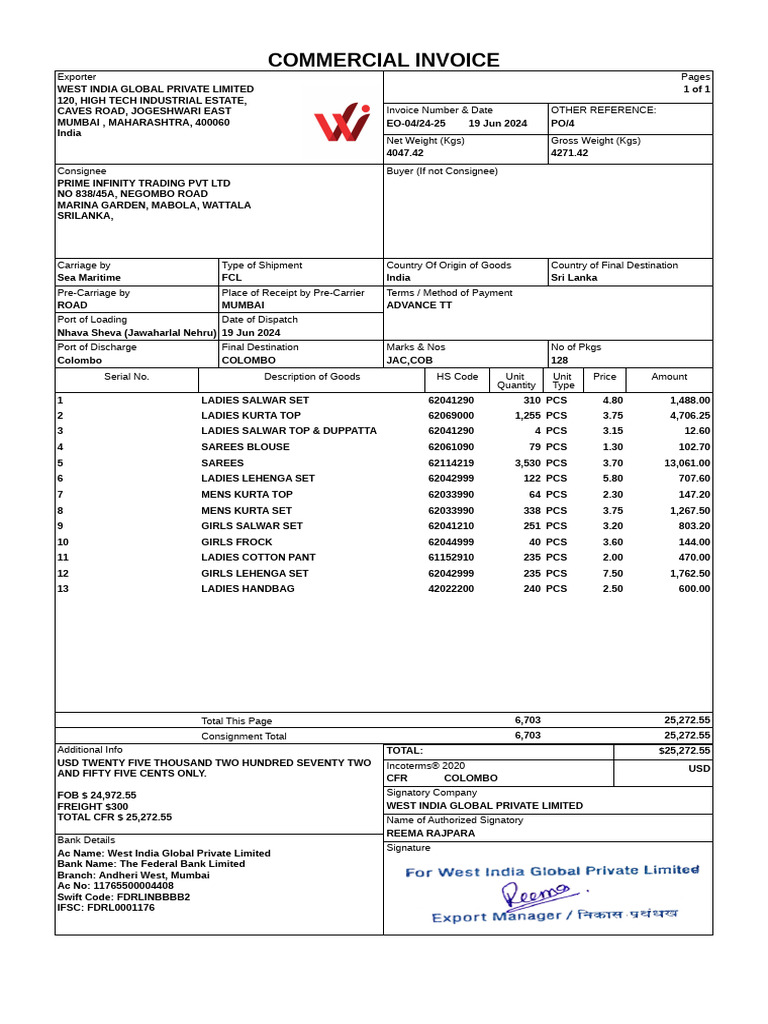 Eo 04 Comm Inv Jac Cob Commercial Invoice | PDF | Supply Chain ...