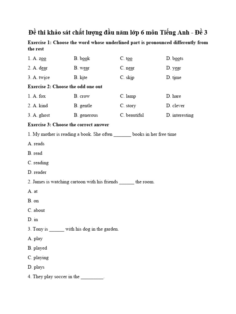 De Thi Khao Sat Chat Luong Dau Nam Lop 6 Mon Tieng Anh de 3 | PDF