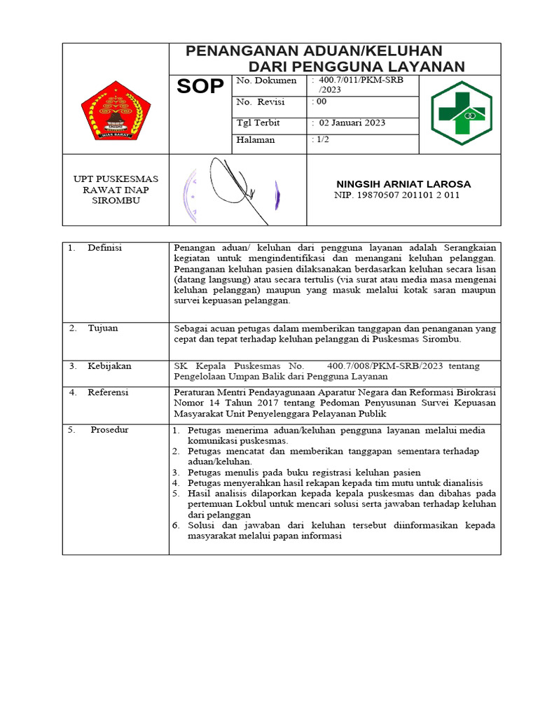 Sop Penanganan Aduan - Keluhan Dari Pengguna Layanan | PDF