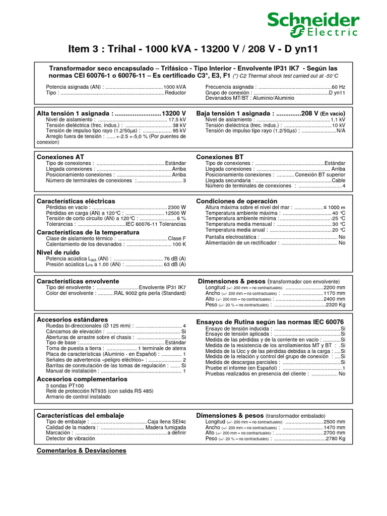 Caracteristicas Trihal 1000KVA | PDF | Transformador | Ingenieria Eléctrica
